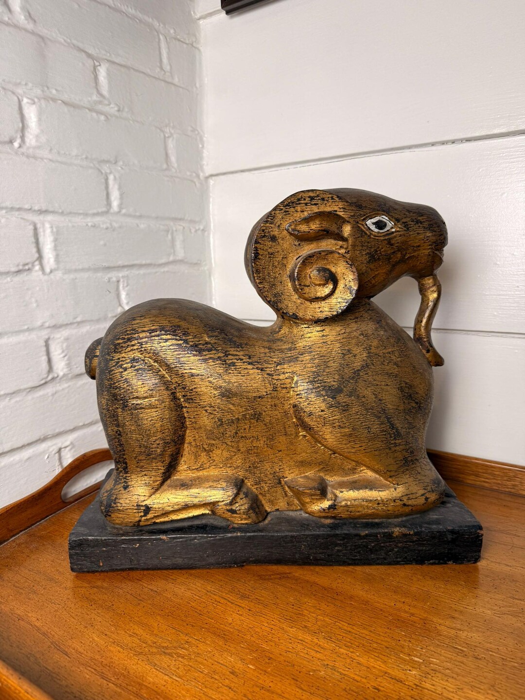 Vintage Hand Carved Wooden Ram Statue - Painted - Etsy