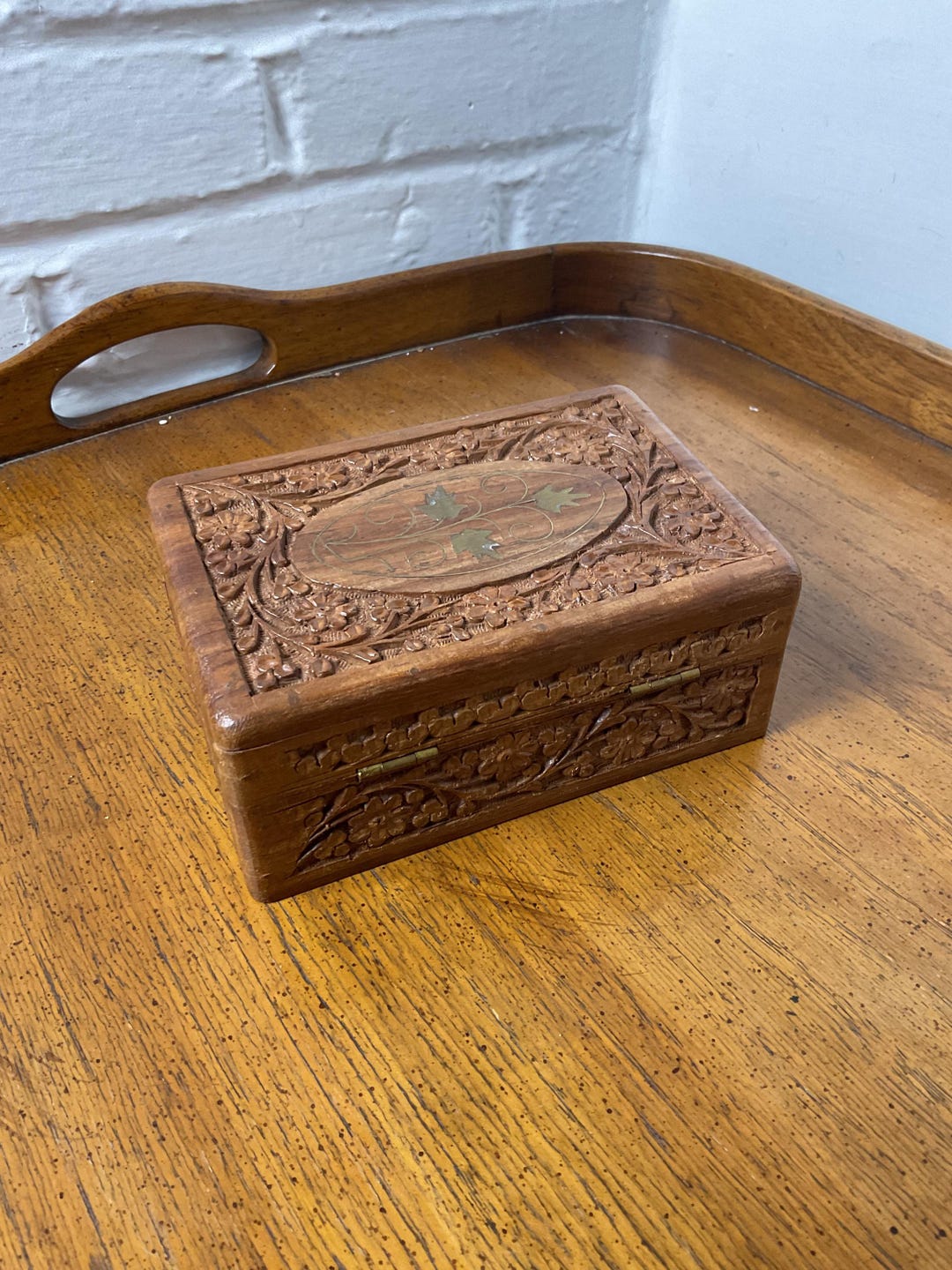 Vintage Wooden Hand Carved Hinged Box With Ornate Leaf Metal/ Brass ...