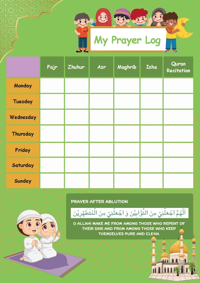 Islamic Prayer Tracker for Kids: Daily Salat & Quran Log (printable ...