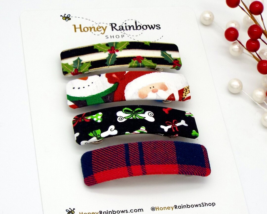 FUN Christmas Hair Barrette; Santa, Snowman, Holly, Bones, Plaid ...