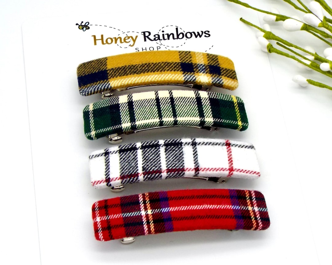PLAID Hair Barrettes for Women; Impressive Mustard, Navy, Black, Gray ...