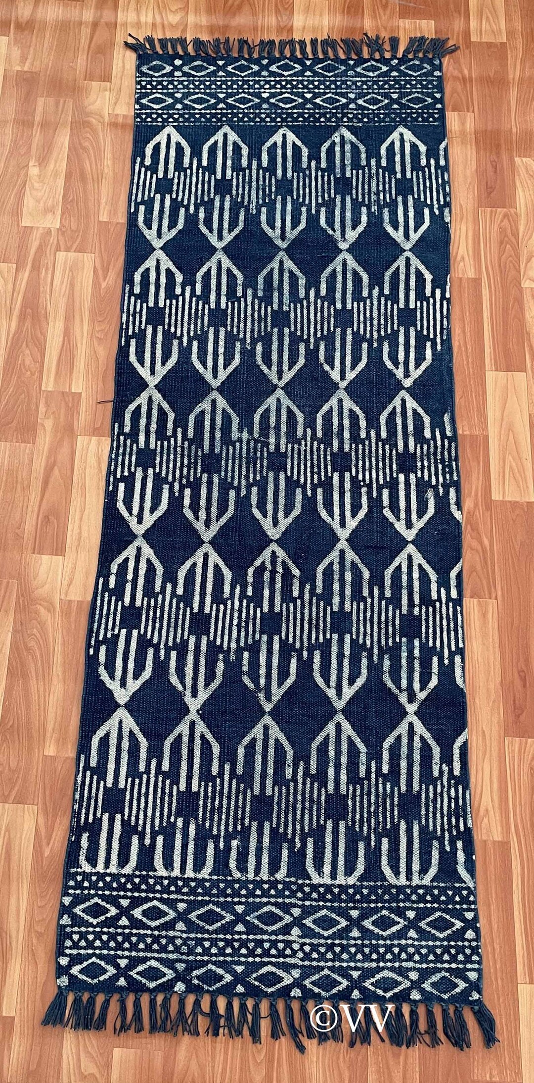Handwoven Cotton Indigo Rug, Block Printed Dhurrie, Handmade Runner Rug ...