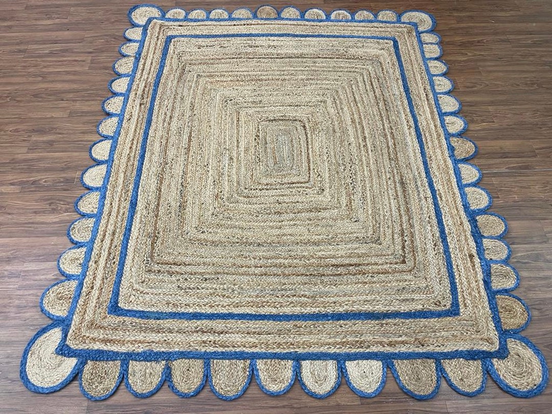 Scalloped Jute Rug Blue Scallop Rug Natural Jute Rug Hand - Etsy UK