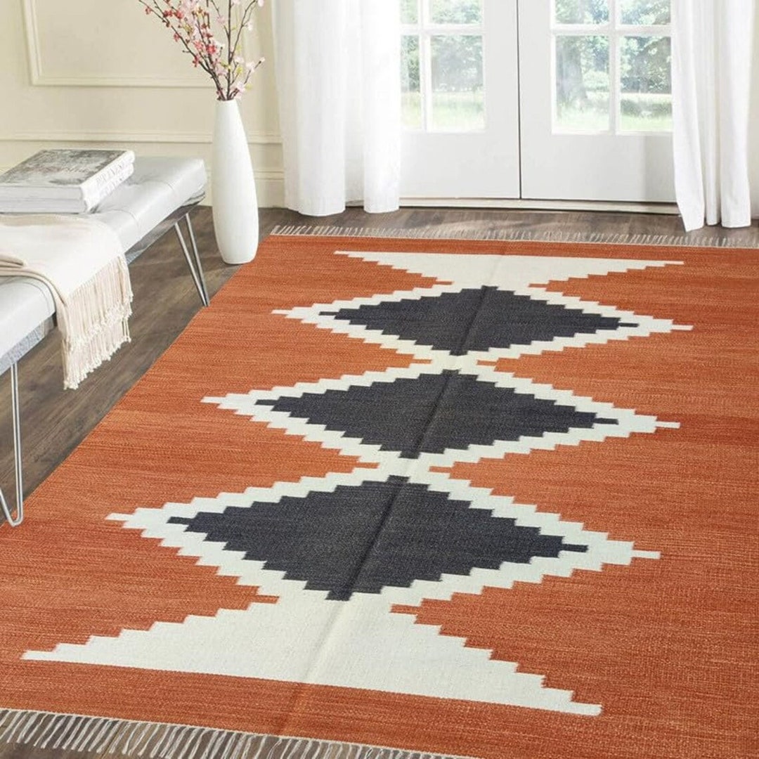 Handwoven Cotton Orange White Rug, Large Area Kilim Rug, Home Decor Rug ...
