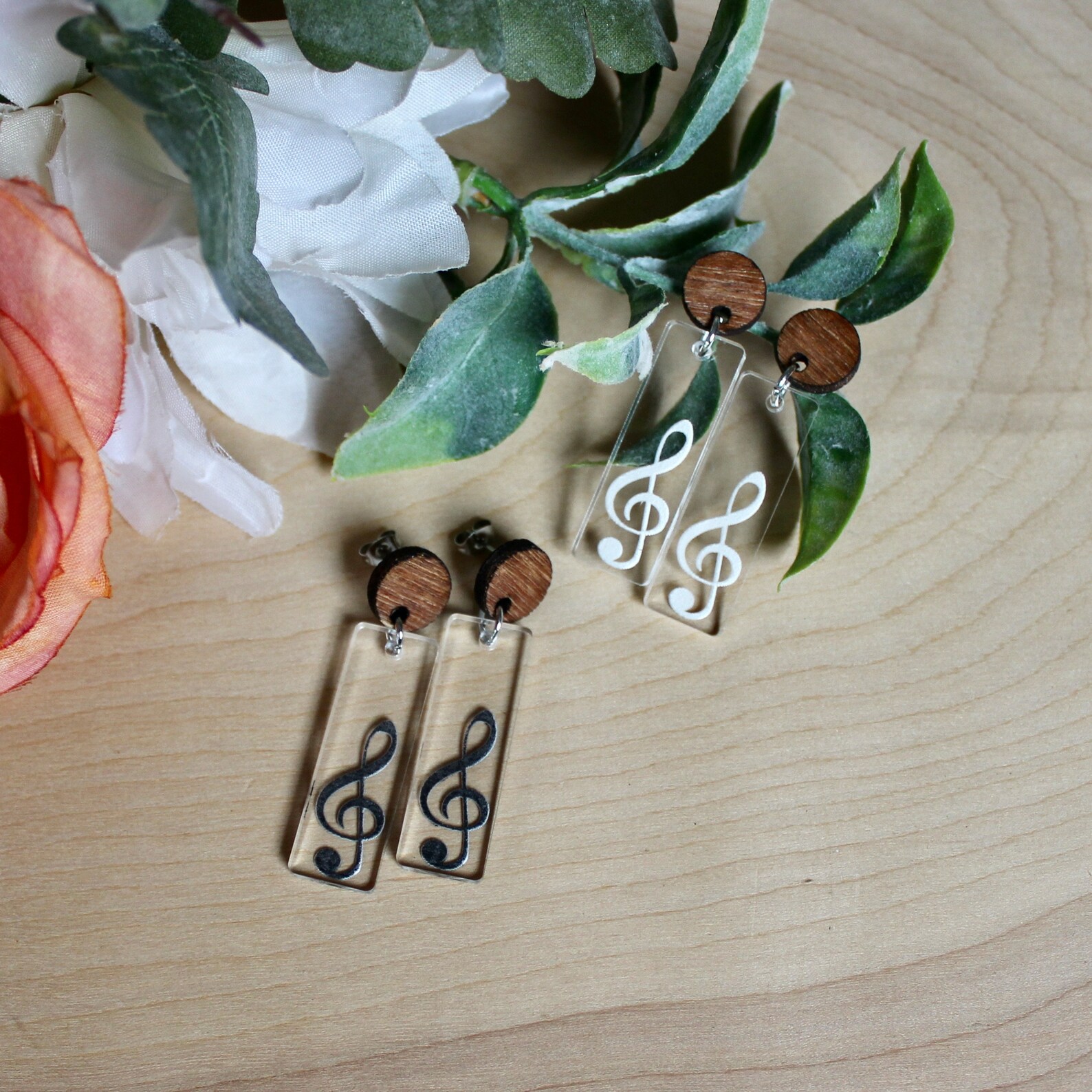 Music Note Earrings, Treble Clef, Bass Clef, Alto Clef, Wood, Acrylic ...