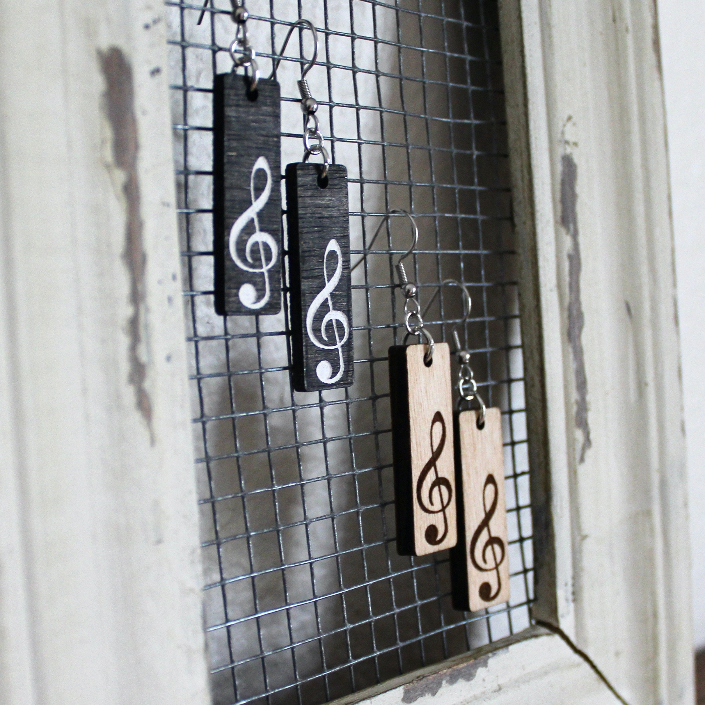 Music Note Earrings, Treble Clef, Bass Clef, Alto Clef, Wood, Acrylic ...