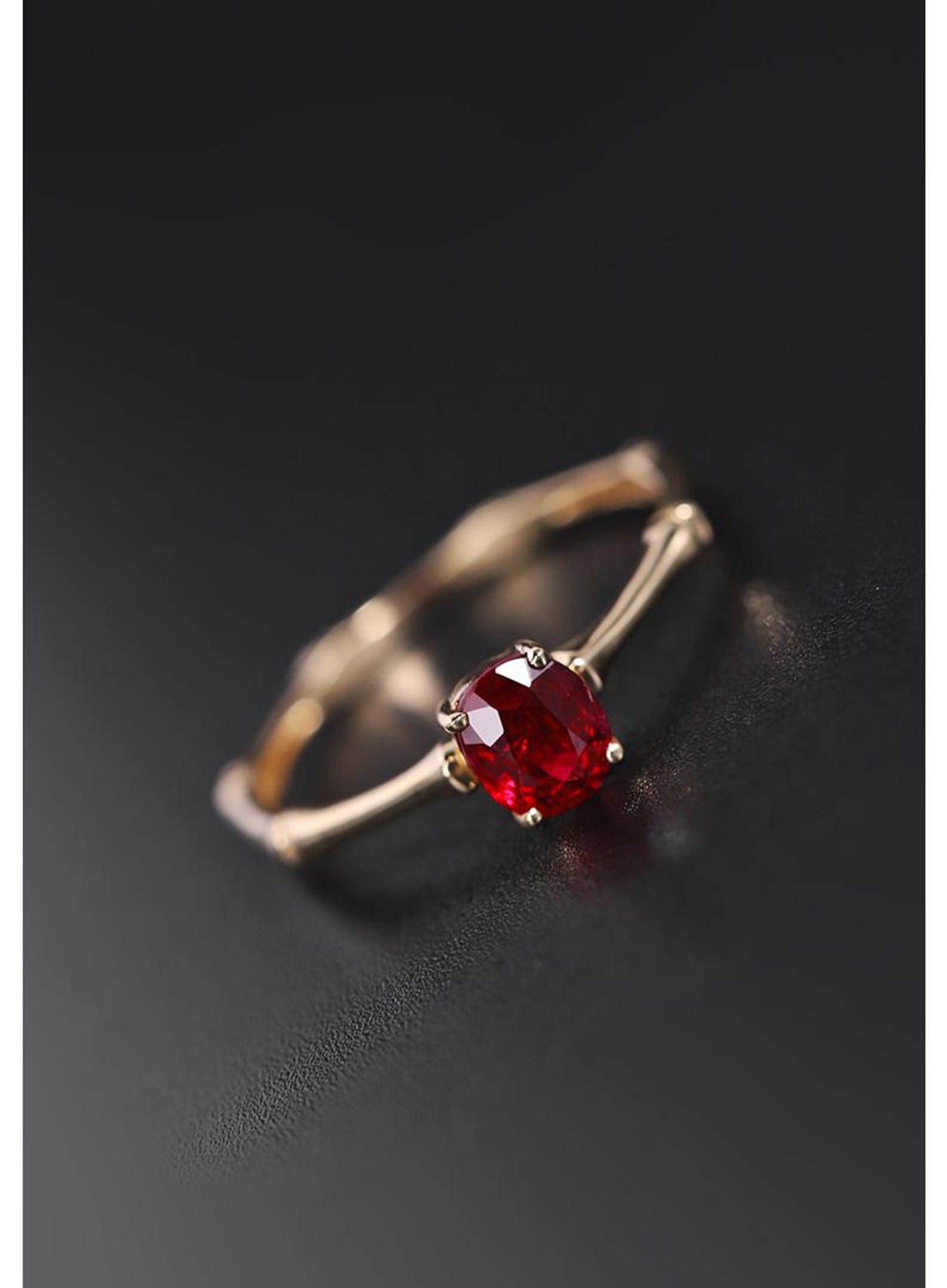 Minimalist Pigeon Blood Ruby Ring 18K Gold Bamboo Band Simple yet ...