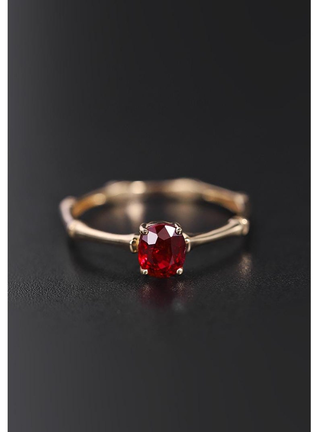 Minimalist Pigeon Blood Ruby Ring 18K Gold Bamboo Band Simple yet ...