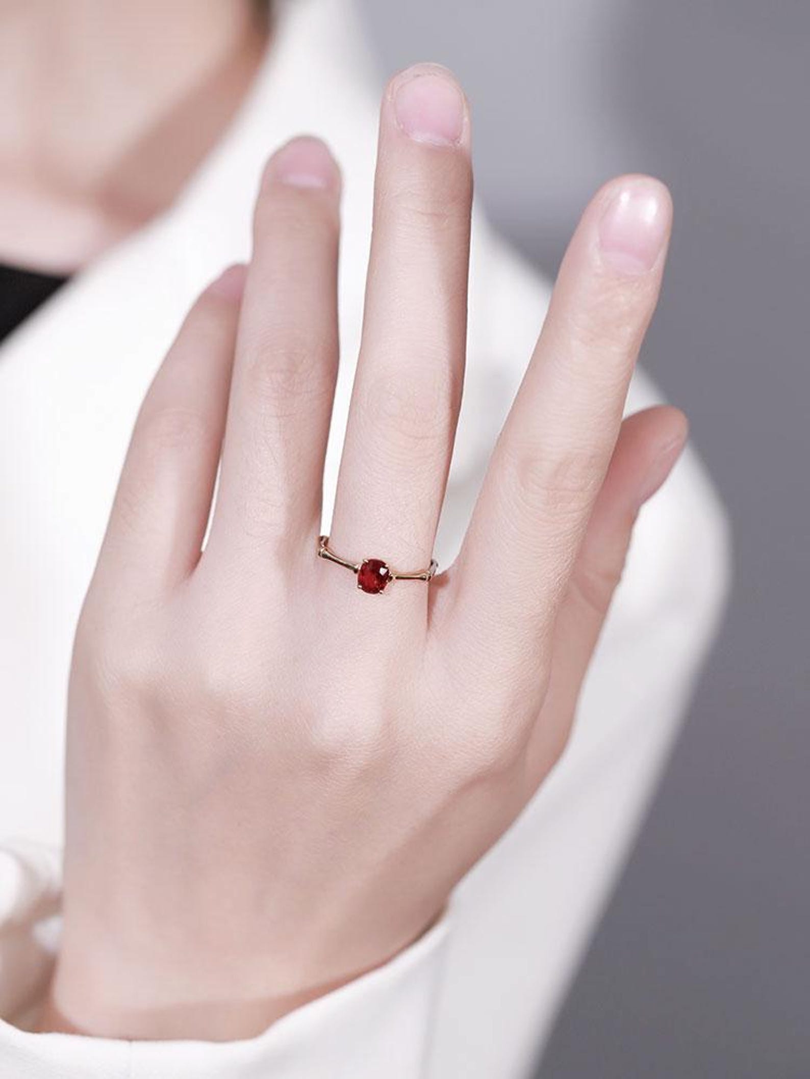 Minimalist Pigeon Blood Ruby Ring 18K Gold Bamboo Band Simple yet ...