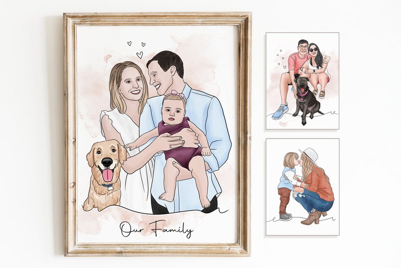 Family Line Art Watercolor Custom Family Portrait From Photo - Etsy