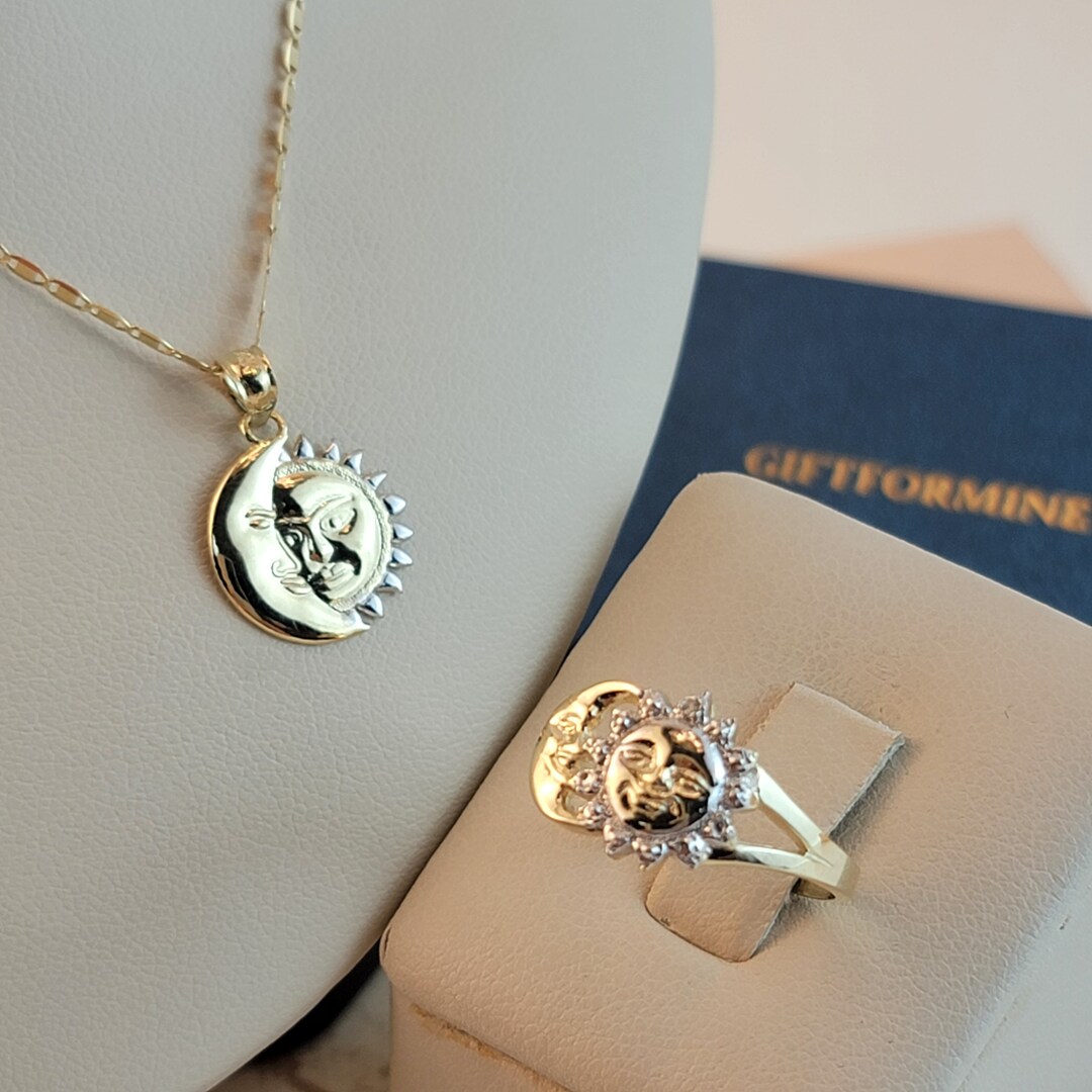10K Gold Moon and Sun Jewelry Set ,10K Celestial Necklace and Ring Set ...