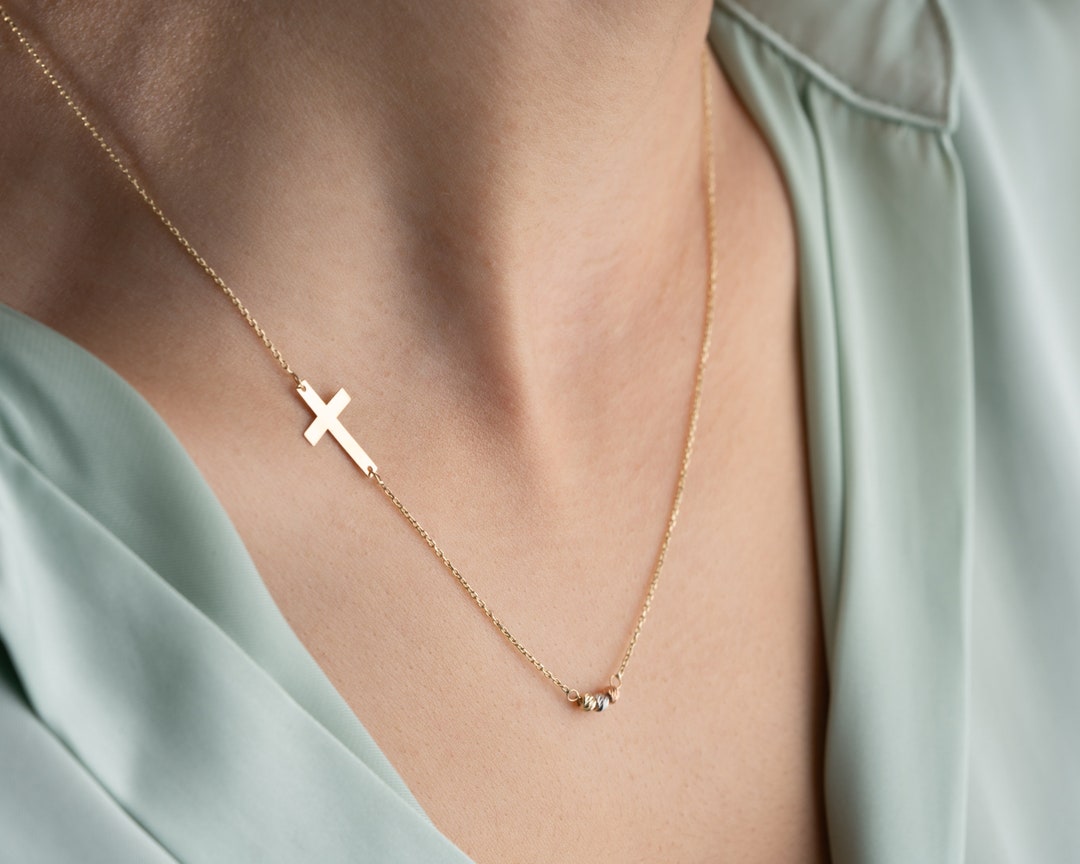 14K Bead Chain With Sideways Cross, Gold Dorica Balls Pendant With ...