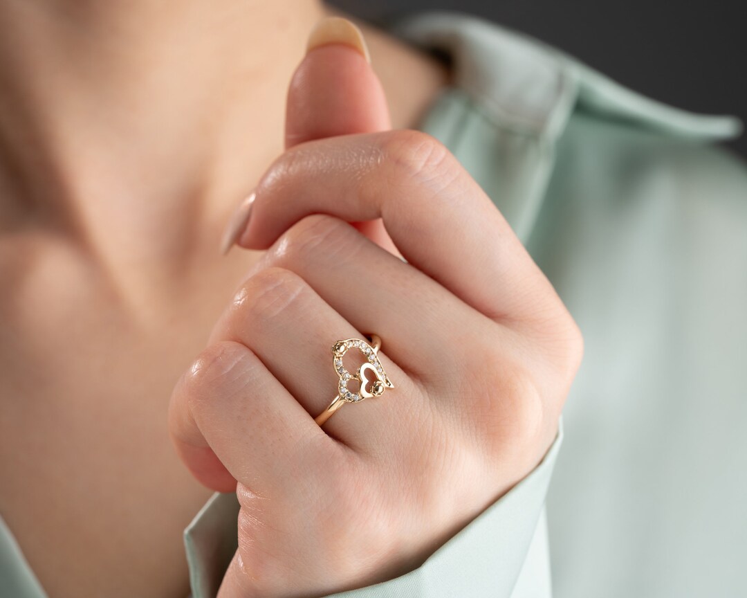 Double Heart 14K Ring , Two Heart Ring, Love Gift, Gift for Mom ...