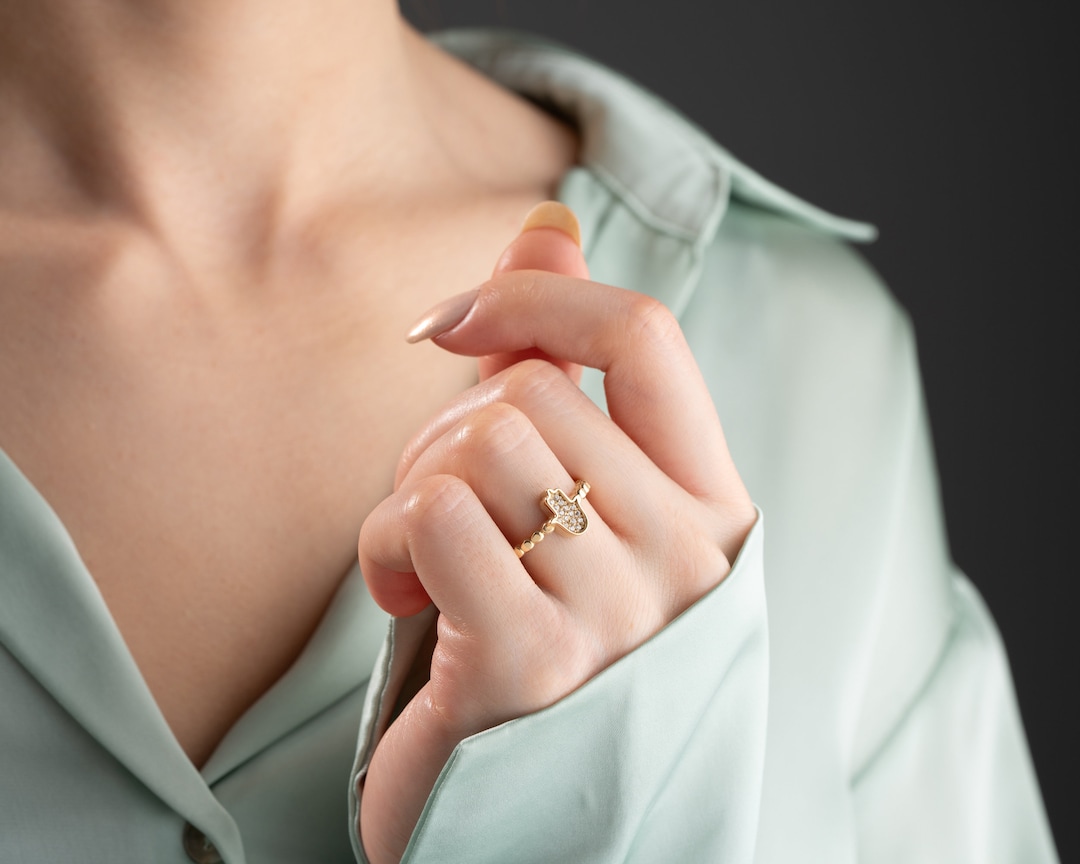 14K Gold Hamsa Hand Ring, Fatima Hand Band Ring, Valentine's Day Gift ...