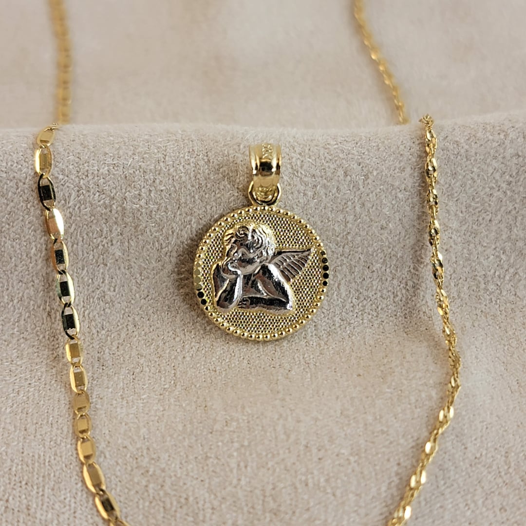 Gold Guardian Angel Necklace, 10K Baby Angel Pendant and Chain ...