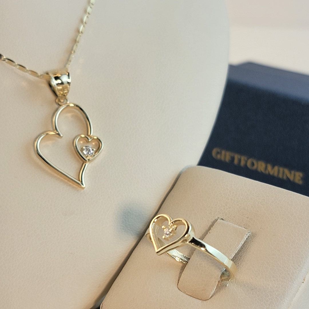 10K Gold Heart Jewelry Set,dainty Gold Heart Pendant and Ring,gift for ...