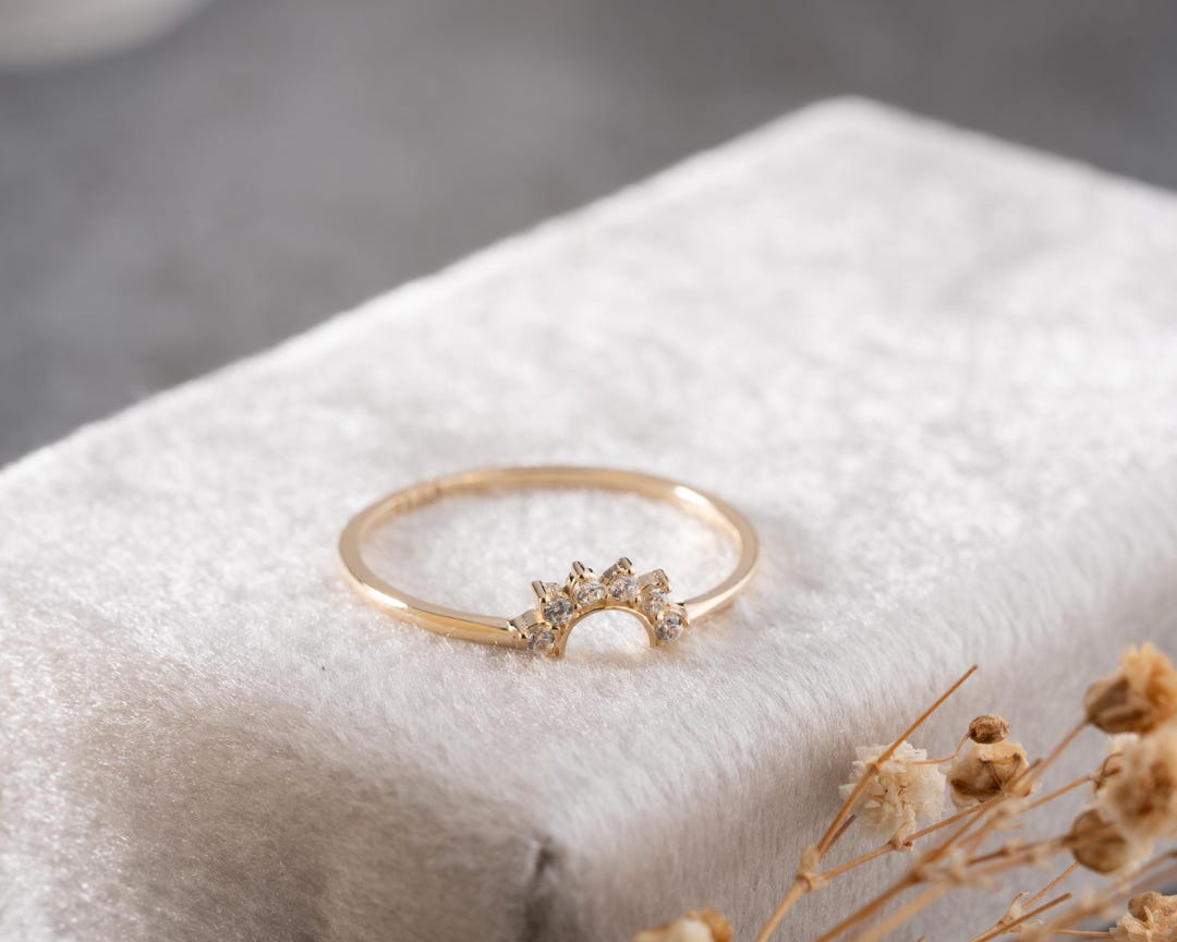 Half Rising Sun Ring, 14K Gold Dainty Sunshine Ring With Stone ...