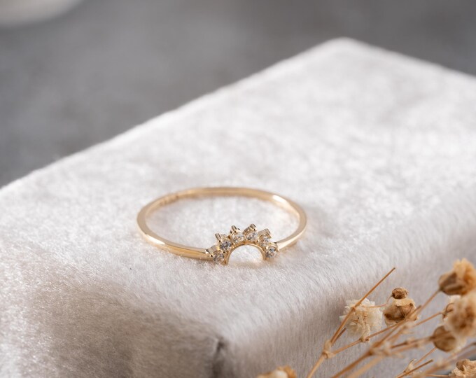 Half Rising Sun Ring, 14K Gold Dainty Sunshine Ring With Stone, Horizontal Semi Circle Ring ...