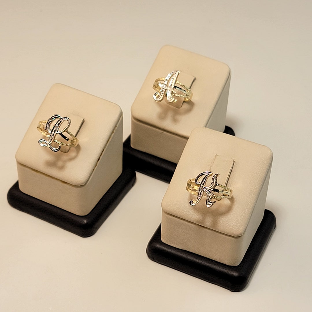 10K Gold Initial Ring, Two Tone Real Gold Small Diamond Letter Ring ...