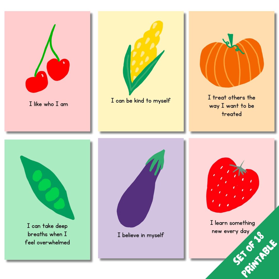 Positive Affirmation Cards for Kids: Hand-drawn Fruit & Veggie Designs ...