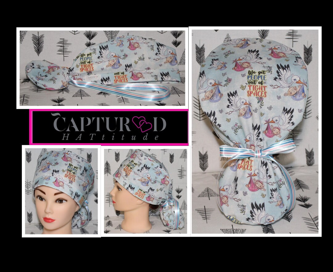 Ponytail Scrub Cap Special Delivery Stork Labor & Delivery Baby Tight ...