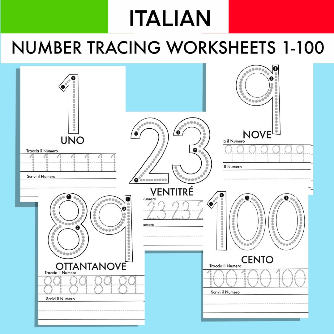 Italian Number Tracing Worksheets 1-100: Preschool Math Handwriting ...