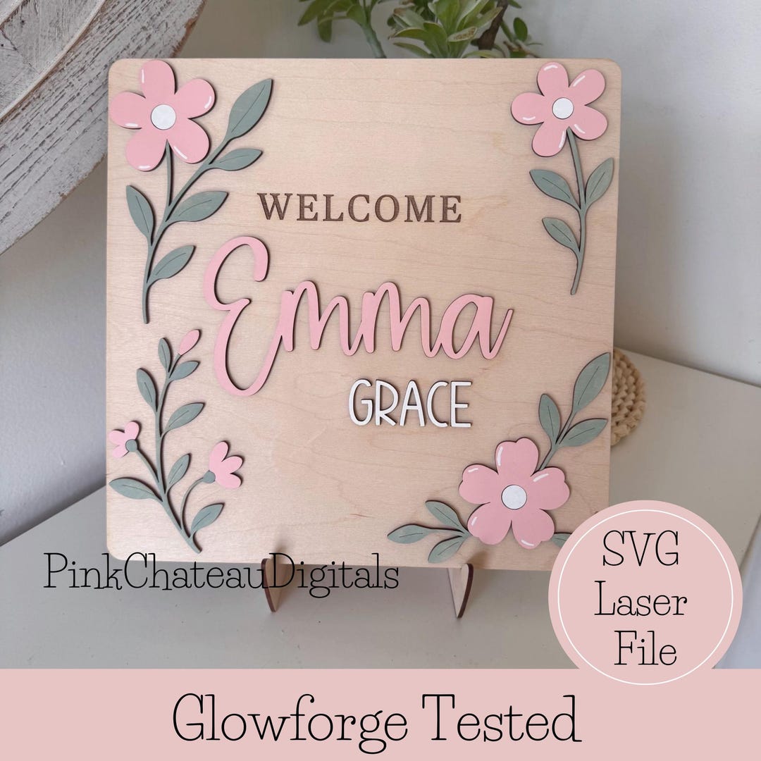 Baby Annoucement Name Sign | Floral Border | Optional Welcome Engrave ...