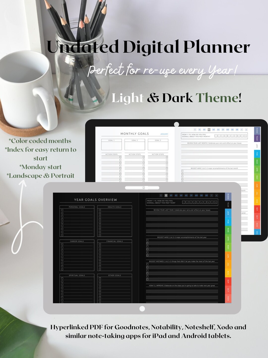 Undated Digital Planner, Monthly Digital Planner, iPad Planner ...