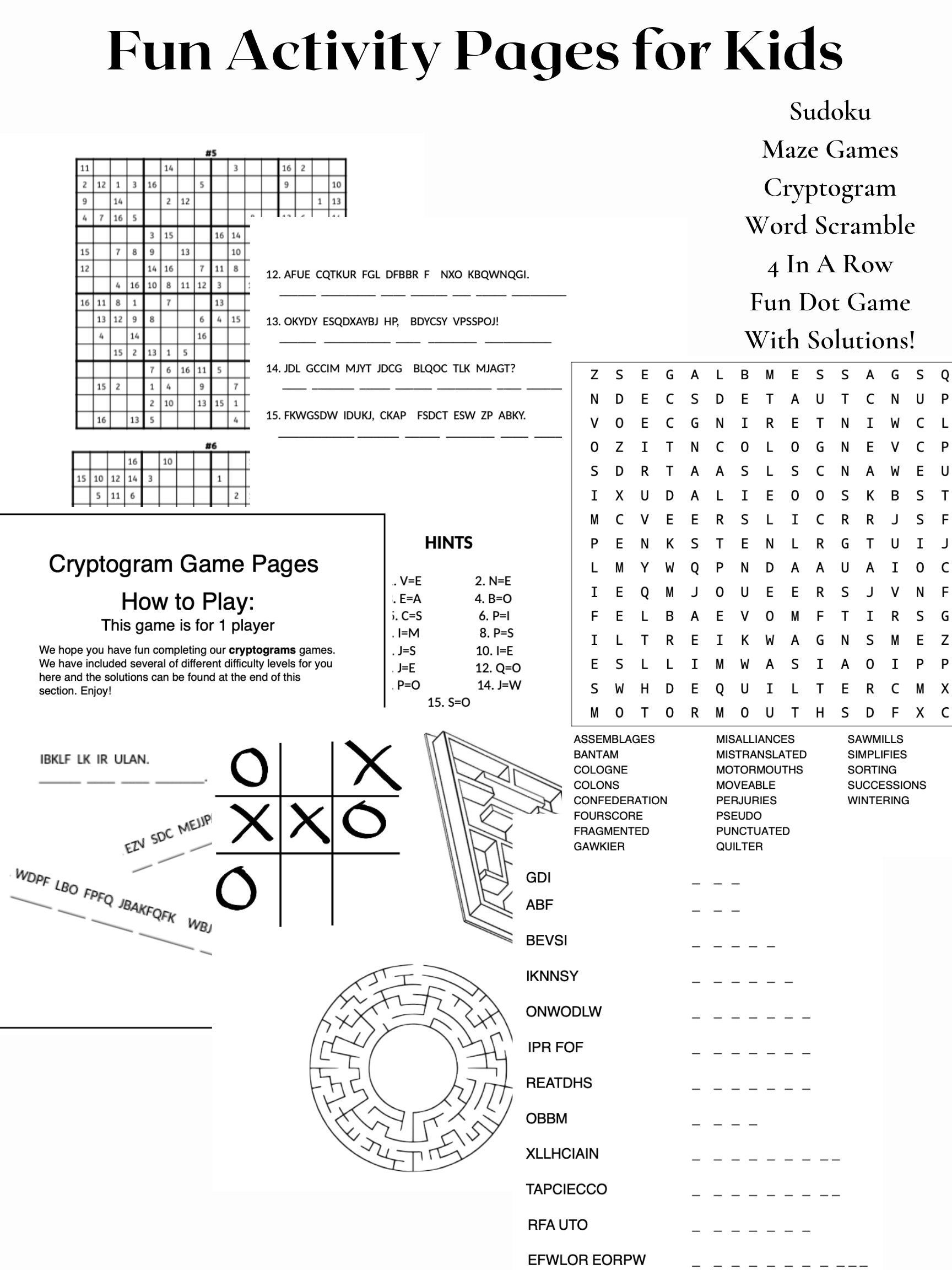 100 Page Fun Activity Page for Children, Kids Activity Workbook, Sudoku ...