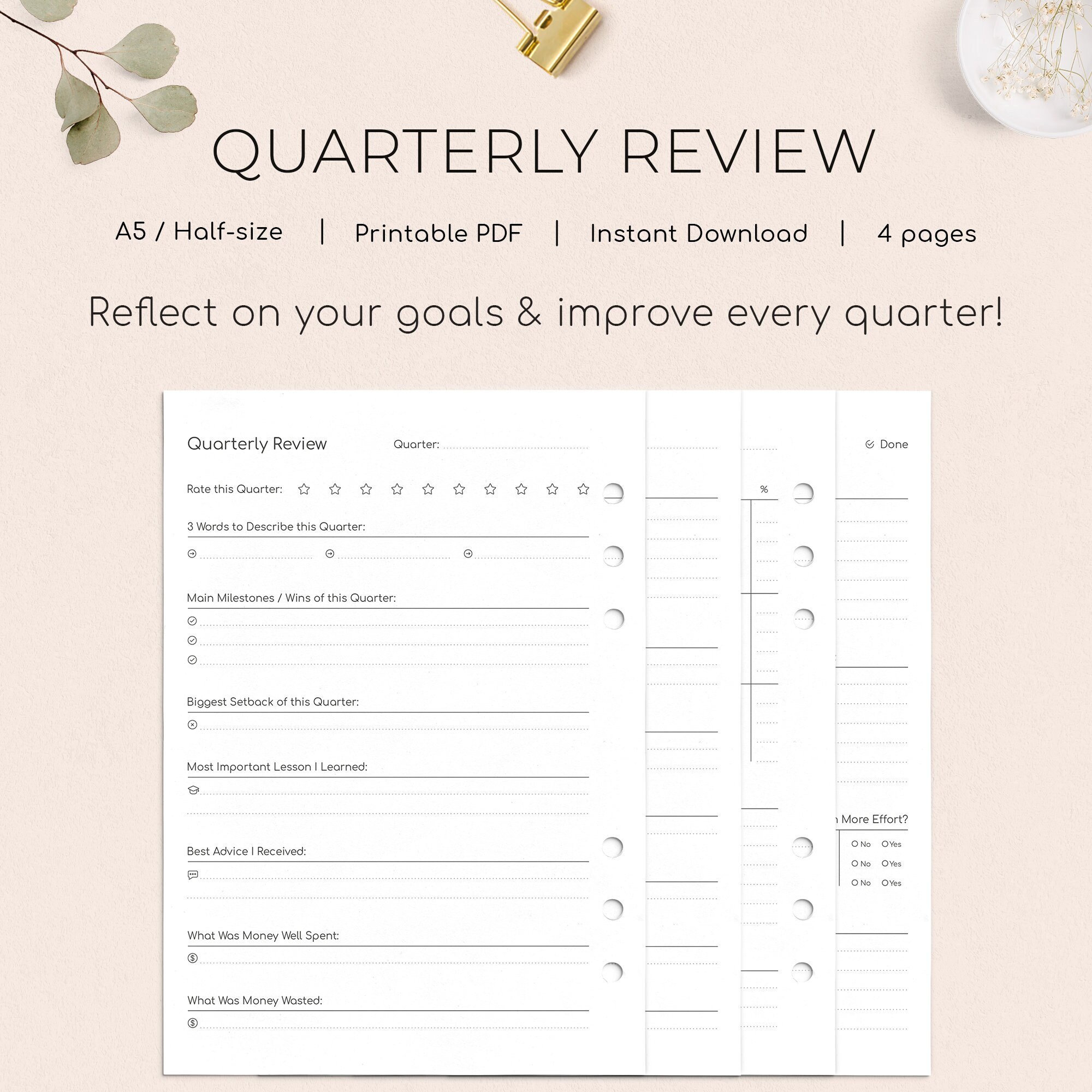 Quarterly Reflection A5 / Half-size Quarterly Review Printable PDF ...
