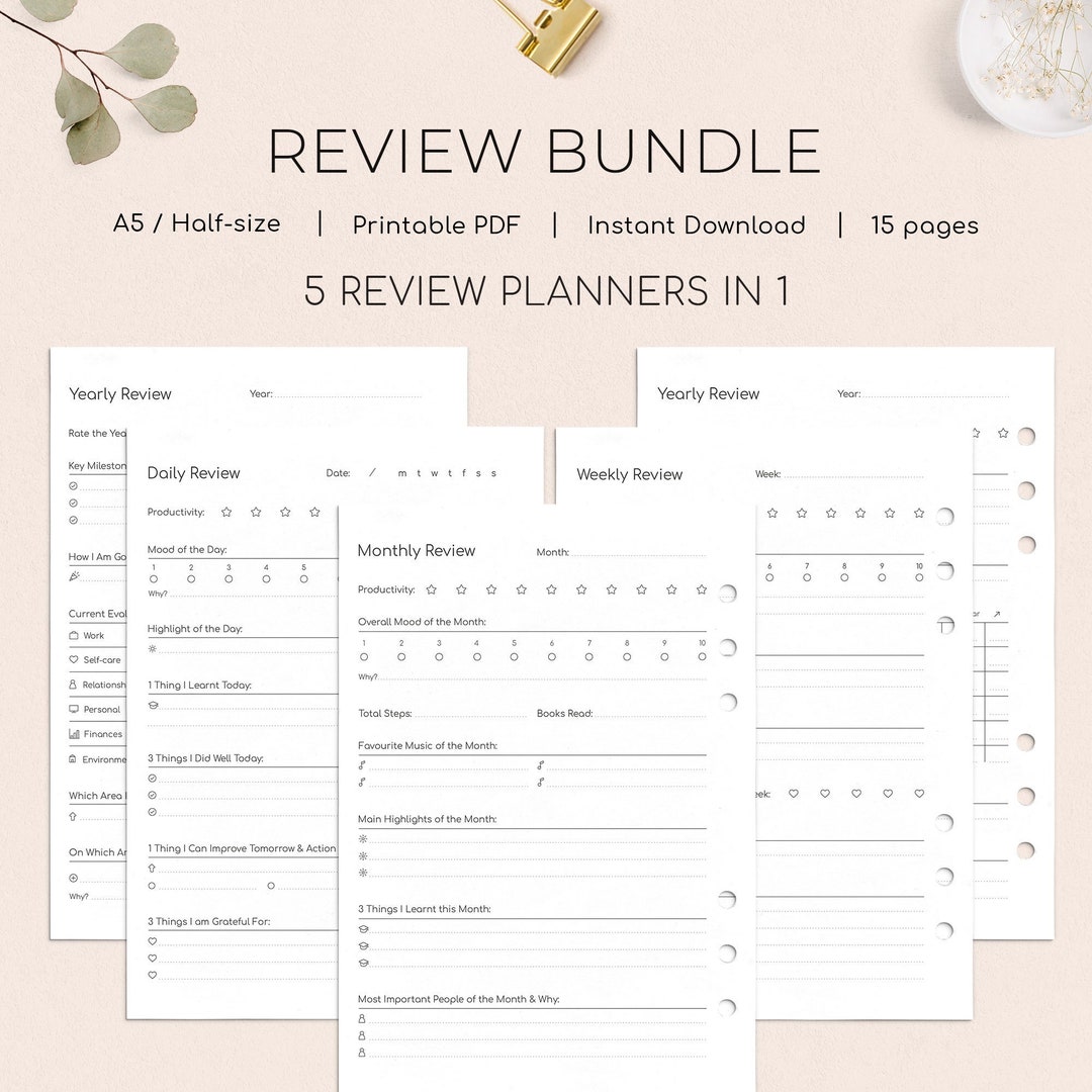 Review Bundle, Daily Reflection, Weekly Review, Monthly Review, Quarter ...