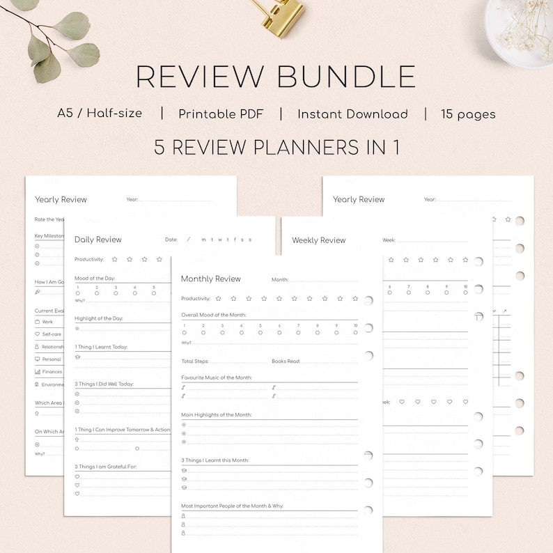 Review Bundle Daily Reflection Weekly Review Monthly - Etsy