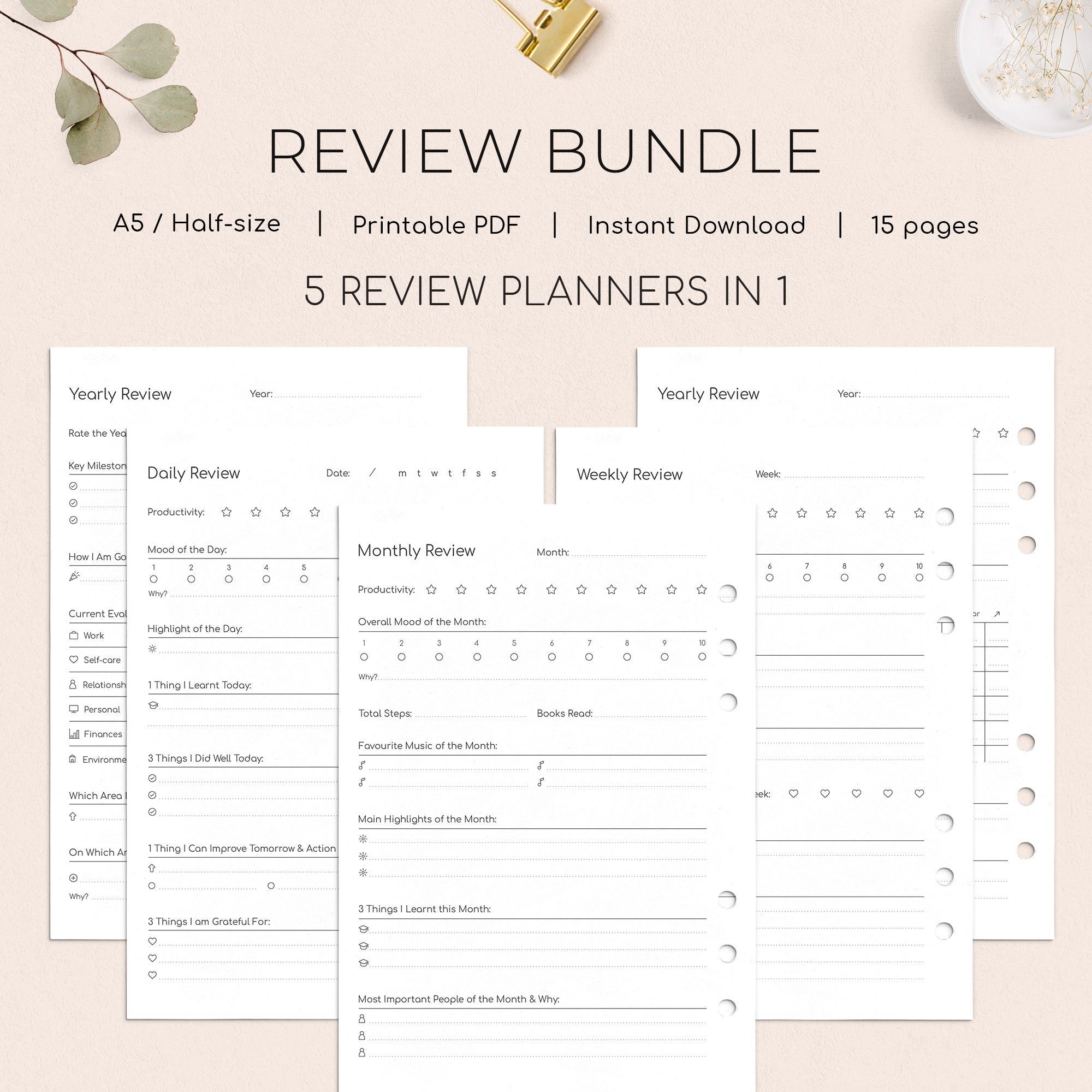 Review Bundle Daily Reflection Weekly Review Monthly - Etsy