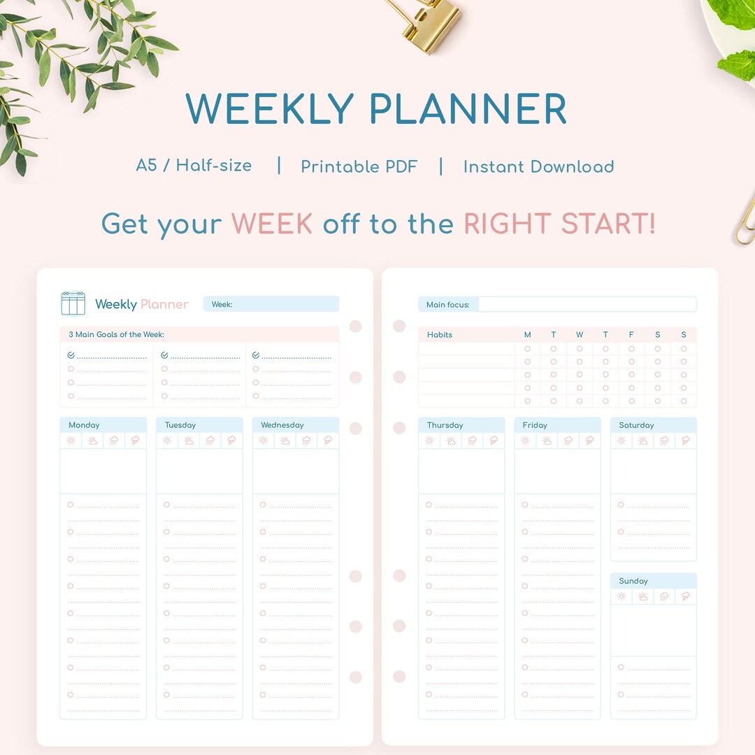 Weekly Planner A5 / Half-size 2 Page Undated Weekly Printable PDF ...
