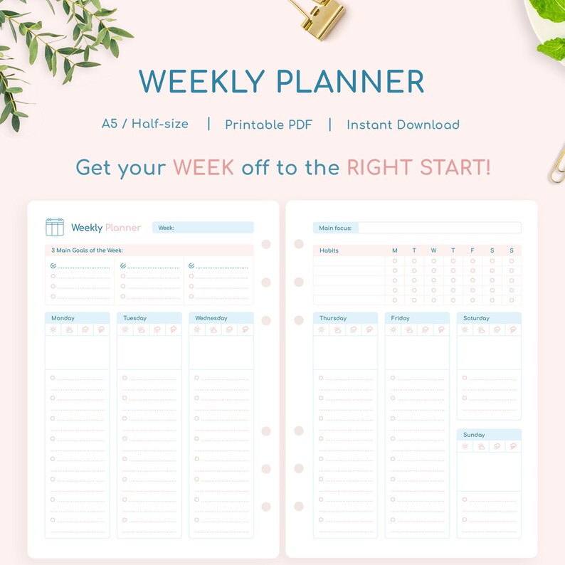 Weekly Planner A5 / Half-size 2 Page Undated Weekly Printable PDF ...