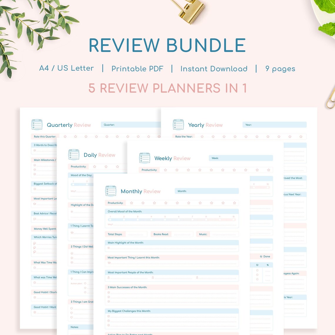 Review Bundle A4 / US Letter Printable PDF Daily Review Weekly Review ...