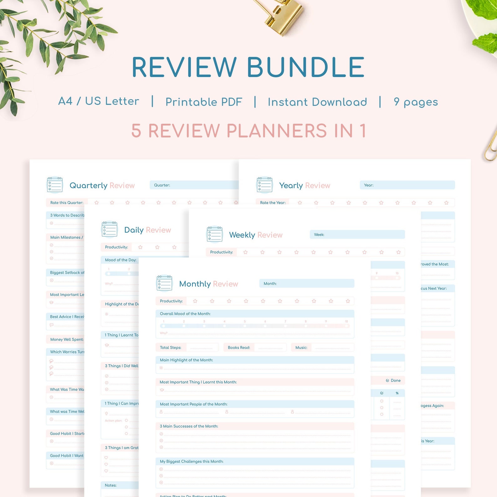 Review Bundle A4 / US Letter Printable PDF Daily Review Weekly Review ...