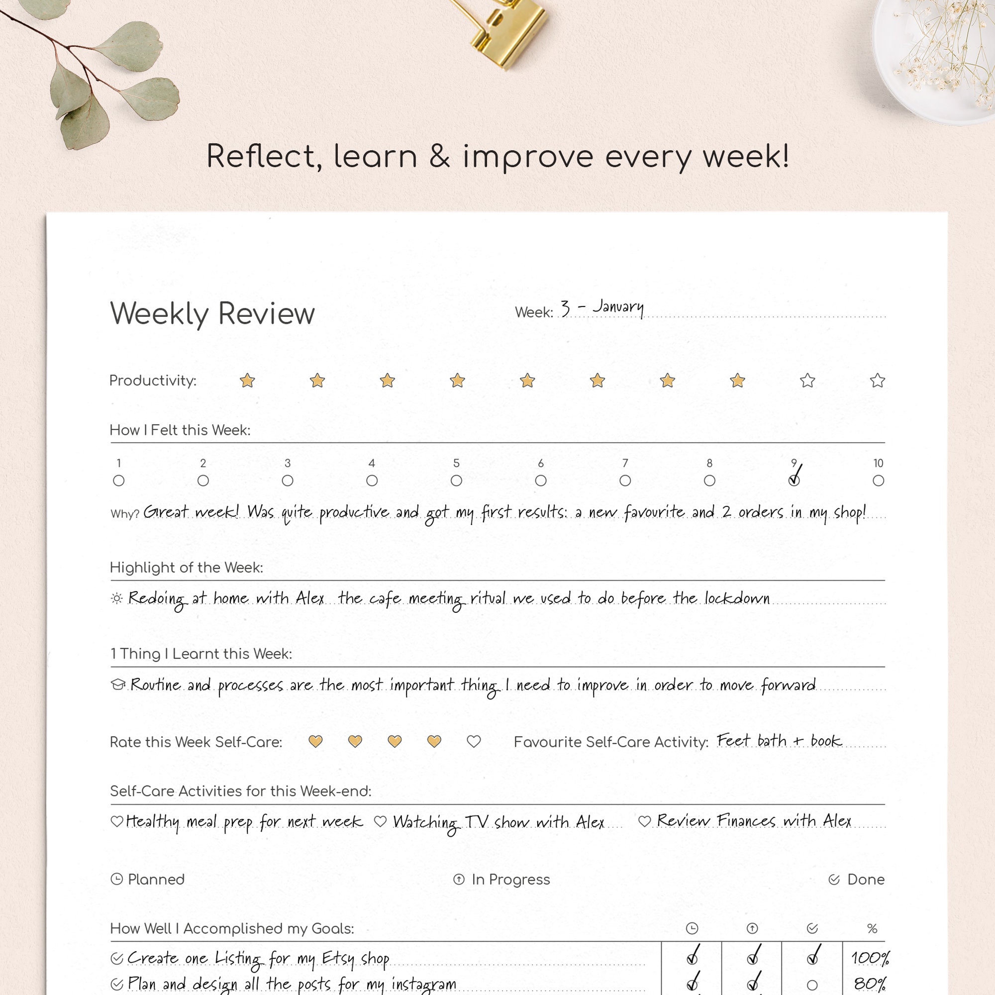 Weekly Review Weekly Reflection Gratitude Journal Growth - Etsy UK