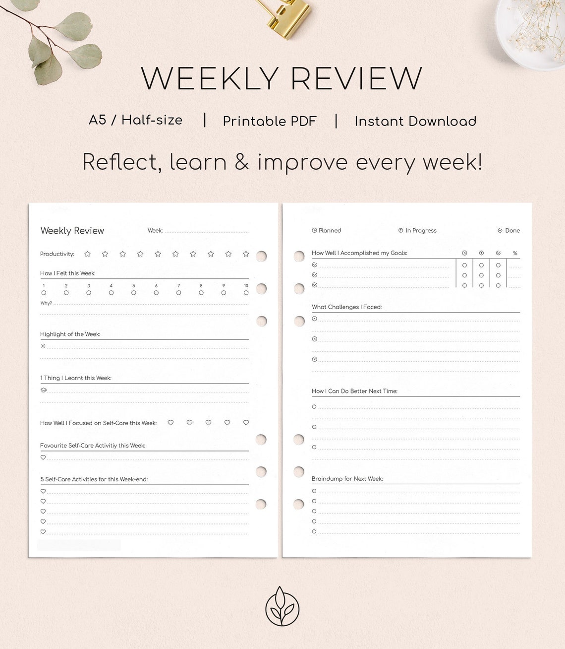 Weekly Review Weekly Reflection Gratitude Journal Growth - Etsy
