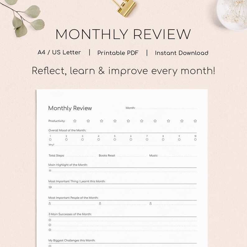 Monthly Review Monthly Reflection Minimal Printable Growth Mindset ...