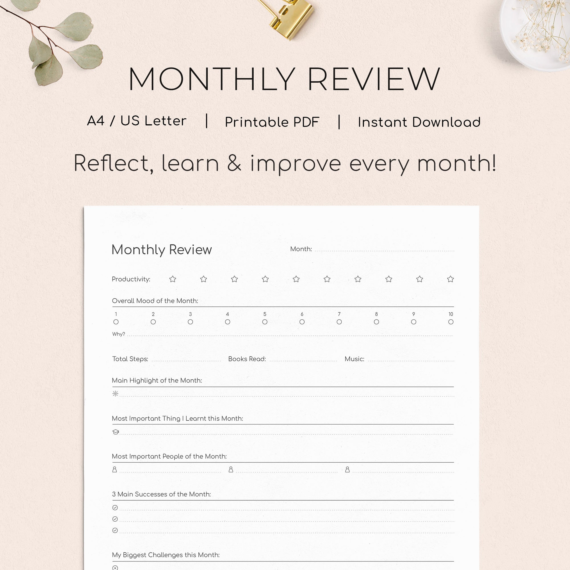 Monthly Review Monthly Reflection Minimal Printable Growth Mindset ...