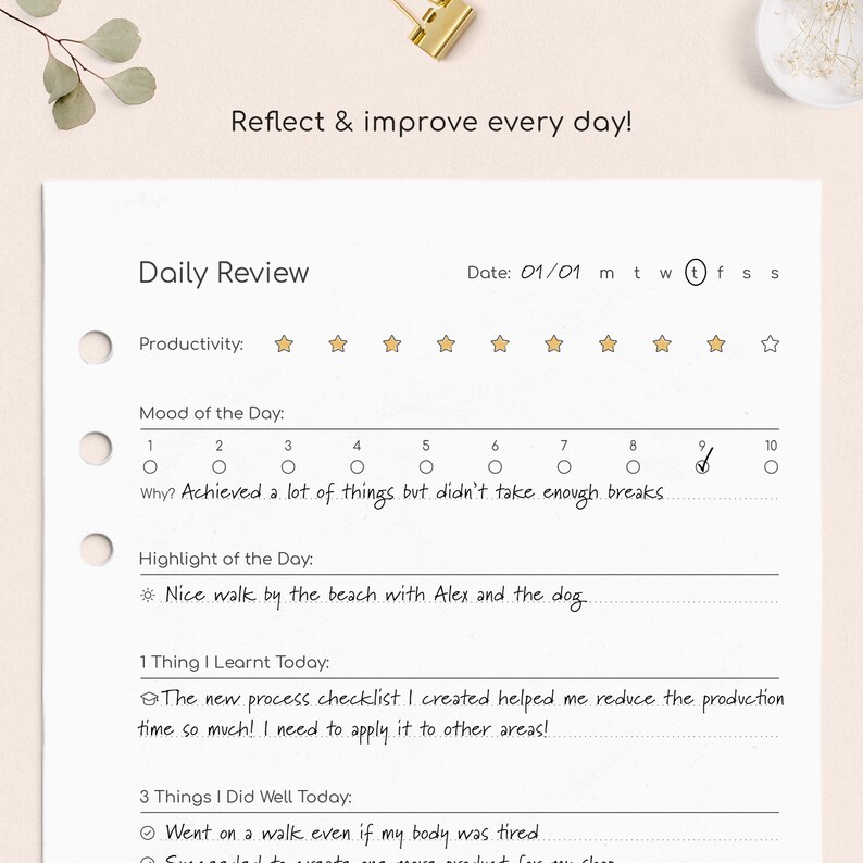 Daily Review Daily Reflection Growth Mindset Self-improvement Mood ...