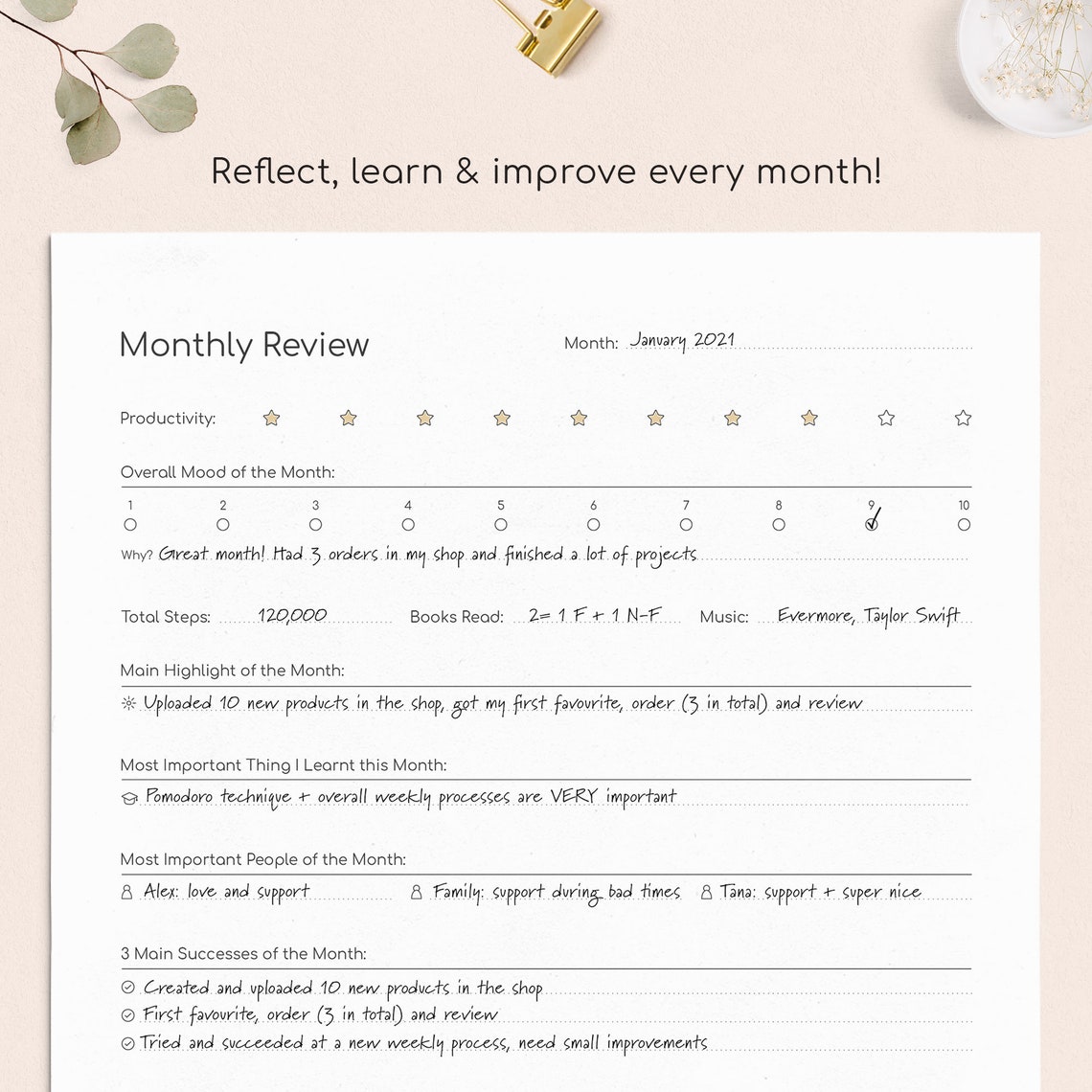Monthly Review Monthly Reflection Minimal Printable Growth Mindset ...