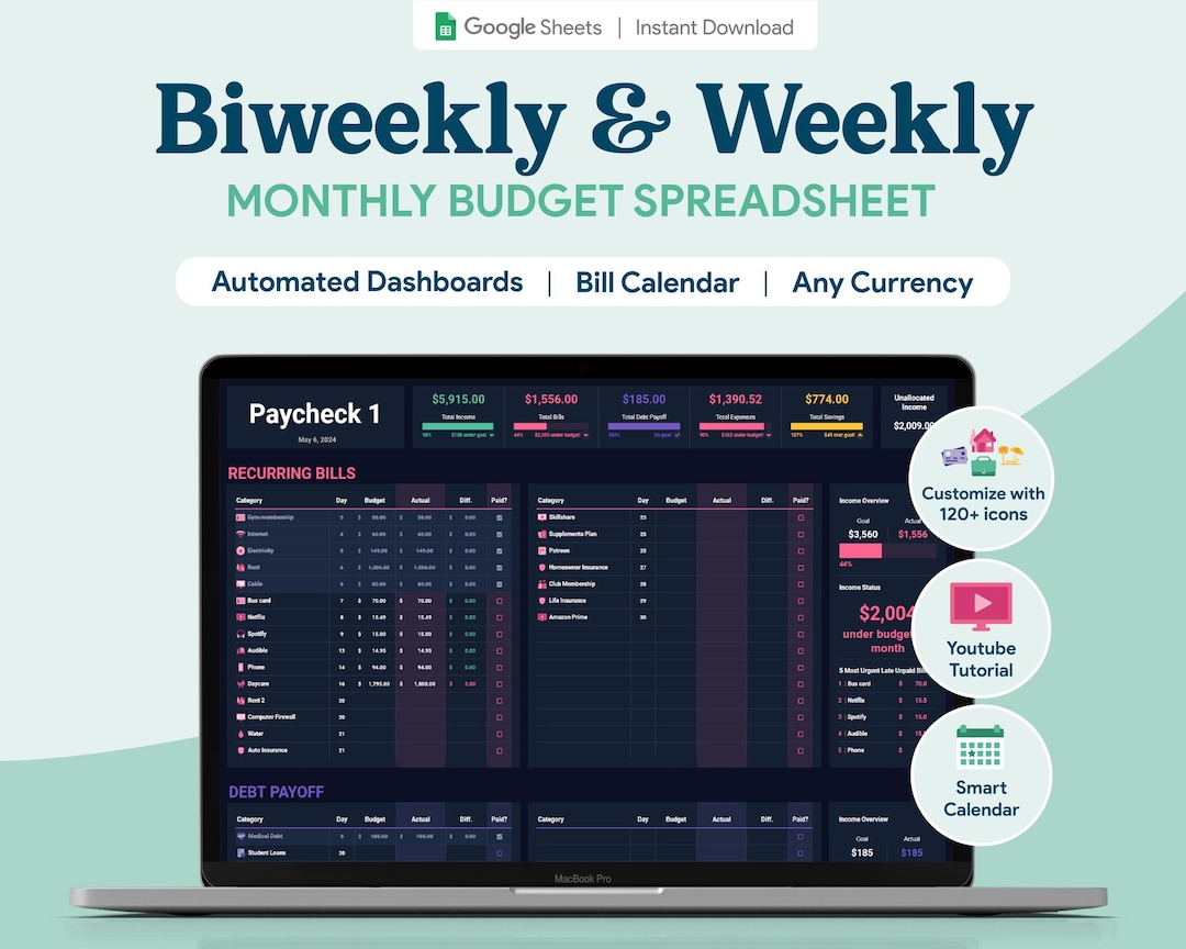 Biweekly & Weekly Paycheck Budget Googlesheets Spreadsheet | Bi Weekly ...