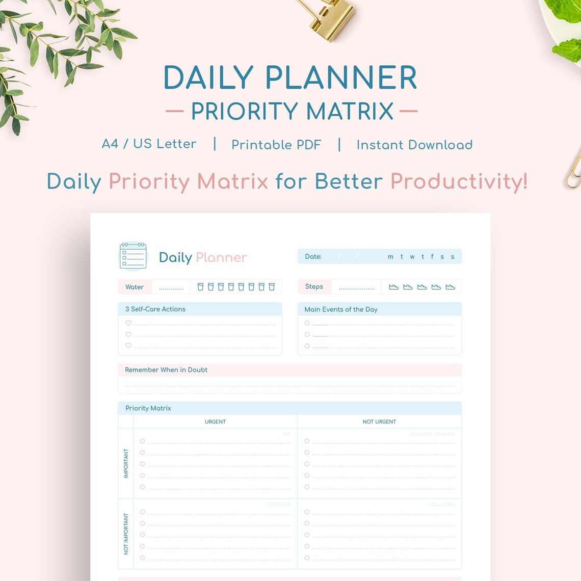 Daily Planner A4 / US Letter Priority Matrix Printable PDF Eisenhower ...