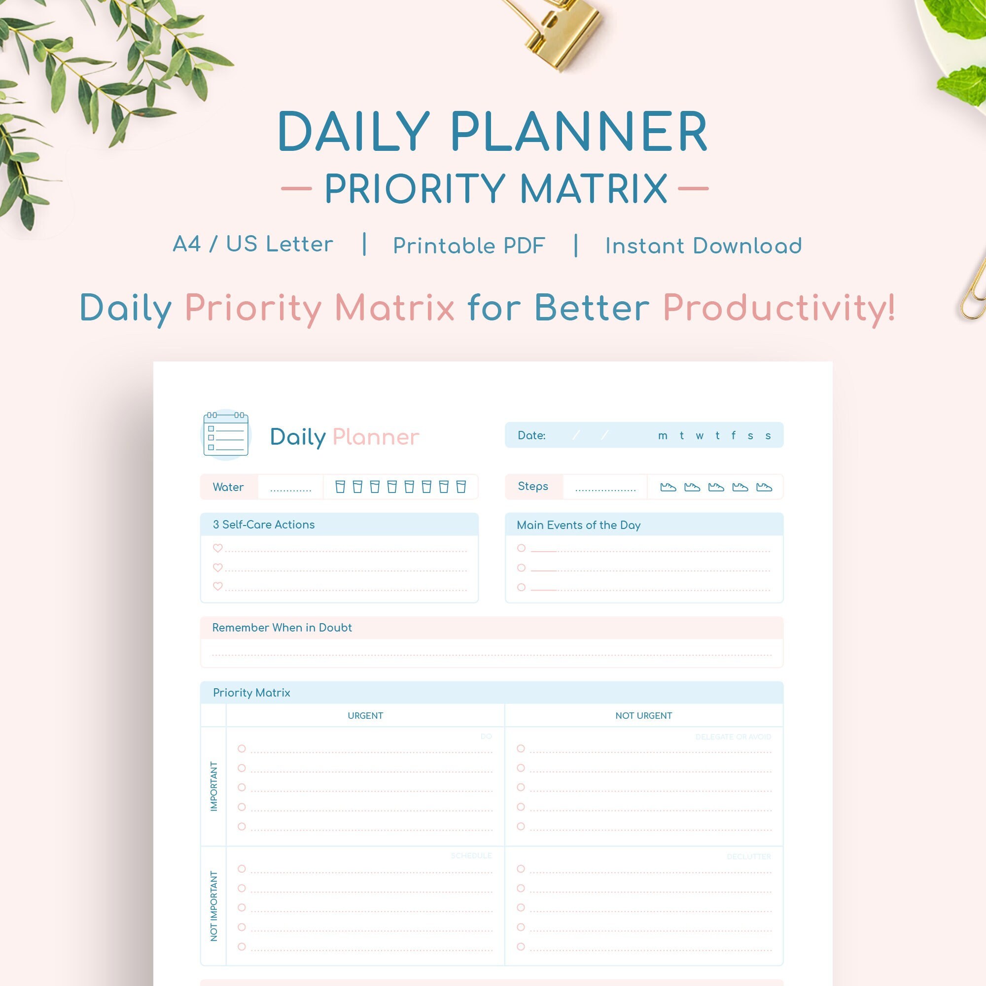 Daily Planner A4 / US Letter Priority Matrix Printable PDF Eisenhower ...