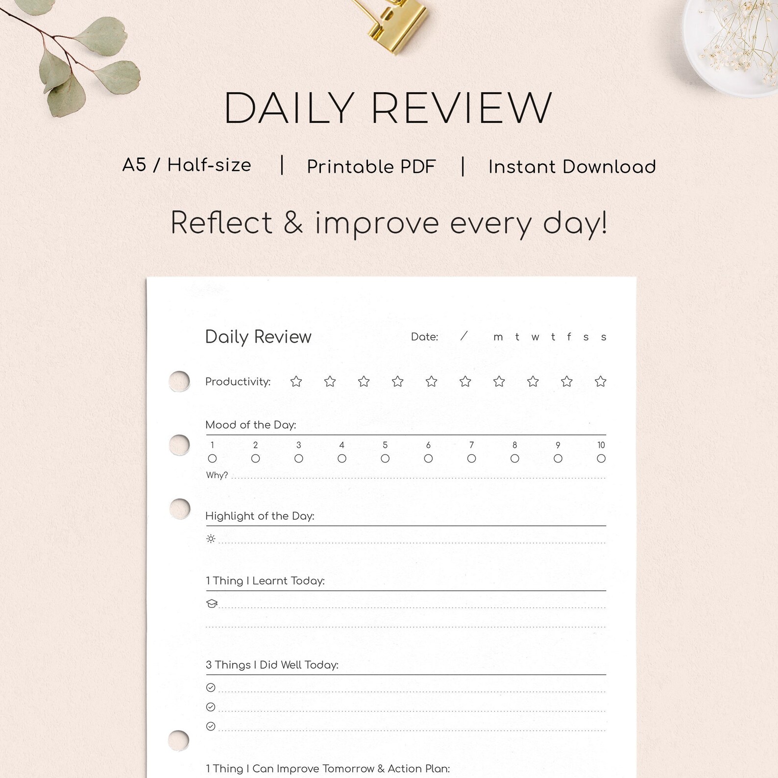 Daily Review Daily Reflection Growth Mindset Self-improvement Mood ...