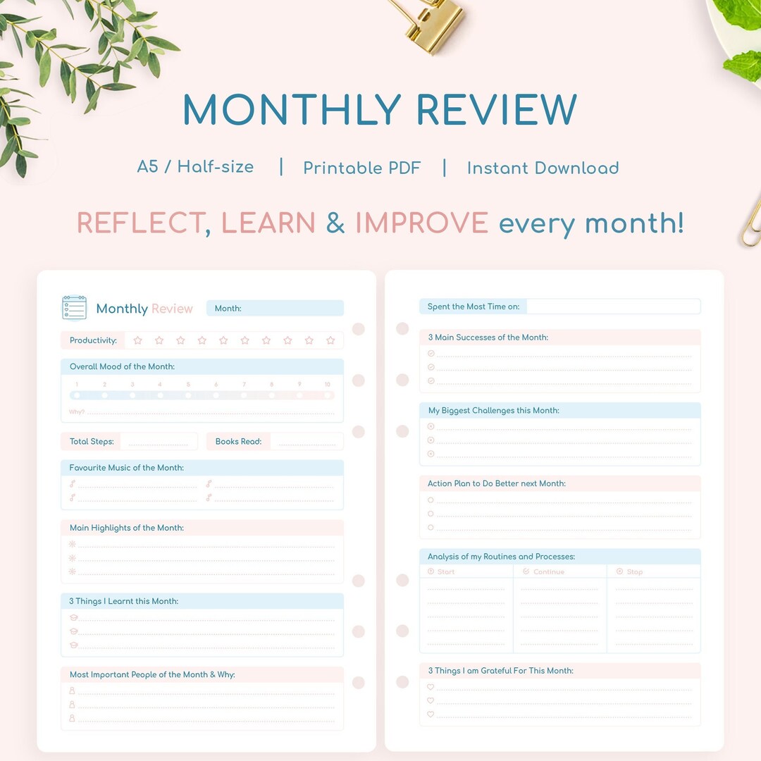 Monthly Review A5 / Half-size Monthly Reflection PDF Monthly Review ...