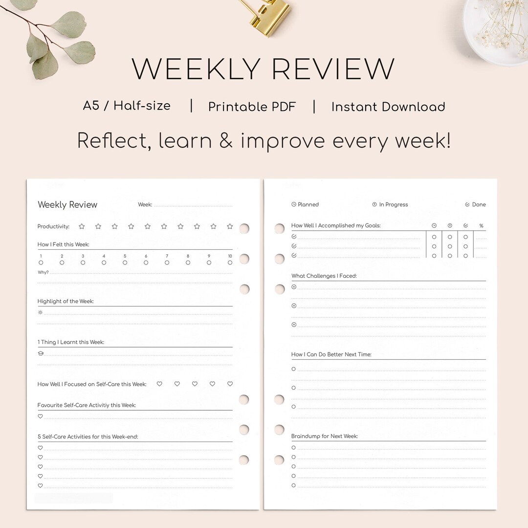 Weekly Review, Weekly Reflection Gratitude Journal Growth Mindset Self ...