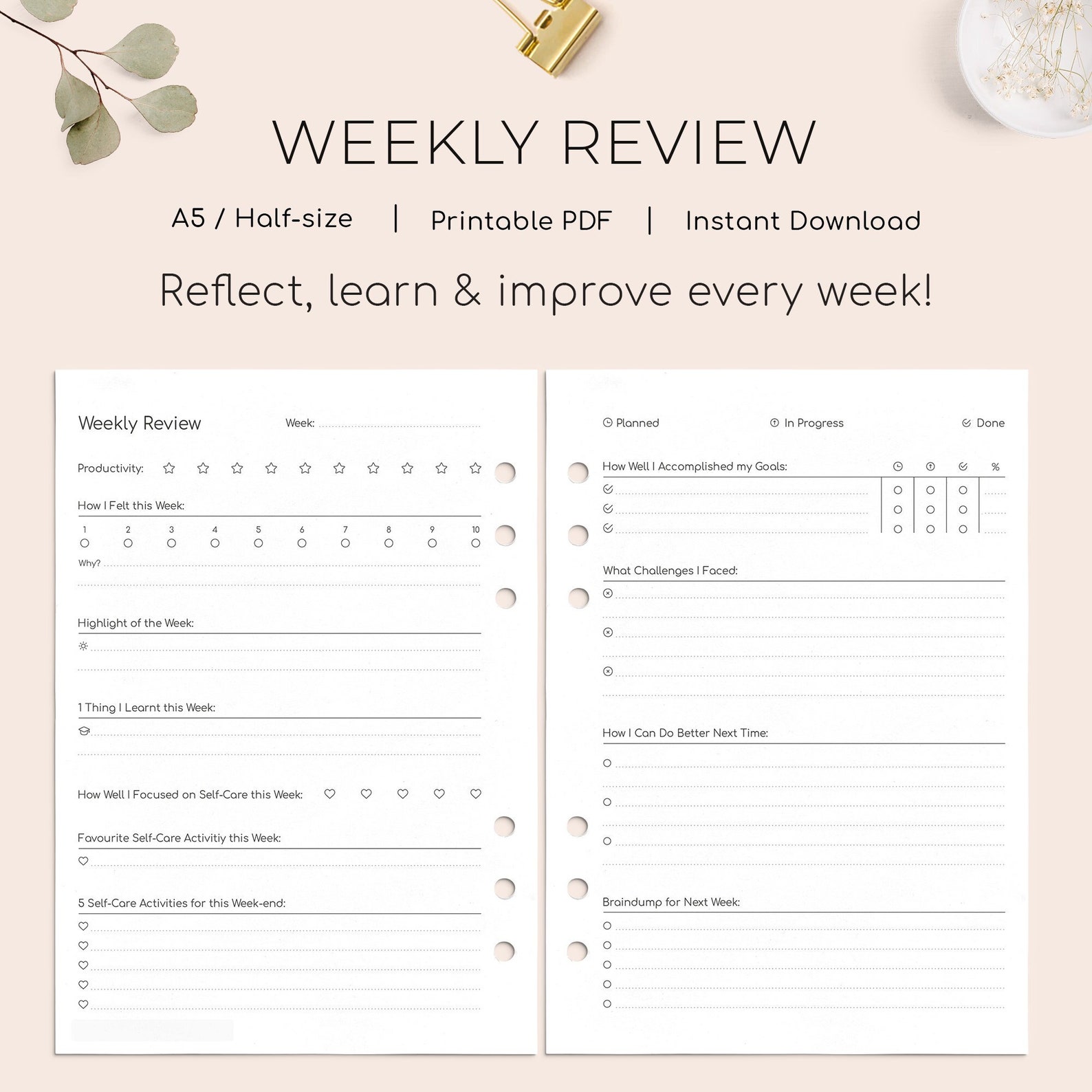 Weekly Review Weekly Reflection Gratitude Journal Growth - Etsy